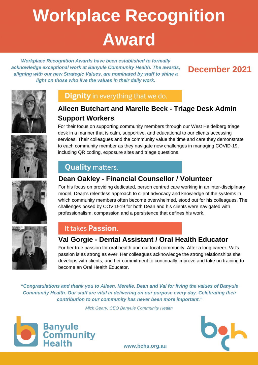 Workplace Recognition Awards – December 2021 - Banyule Community Health